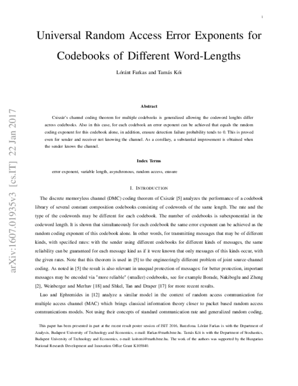 (PDF) Universal random access error exponents for codebooks with different word-lengths