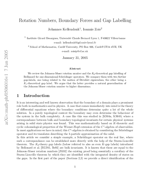 (PDF) Rotation numbers, boundary forces and gap labelling