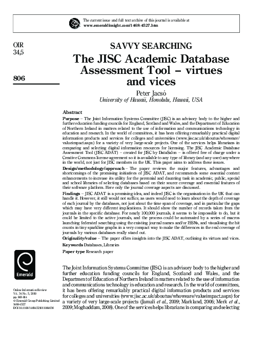(PDF) The JISC Academic Database Assessment Tool – virtues and vices