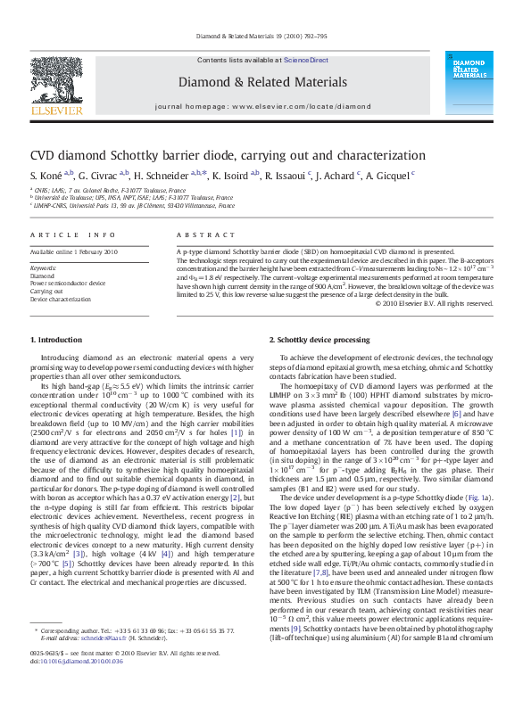 (PDF) CVD diamond Schottky barrier diode, carrying out and characterization