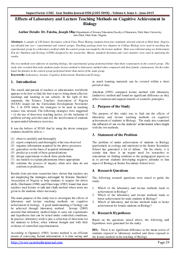 (PDF) Effects of Laboratory and Lecture Teaching Methods on Cognitive Achievement in Biology