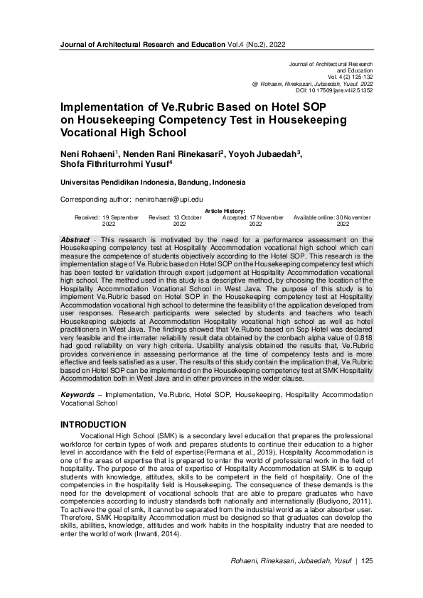 (PDF) Implementation of VE.RUBRIC Based on Hotel Sop on Housekeeping ...