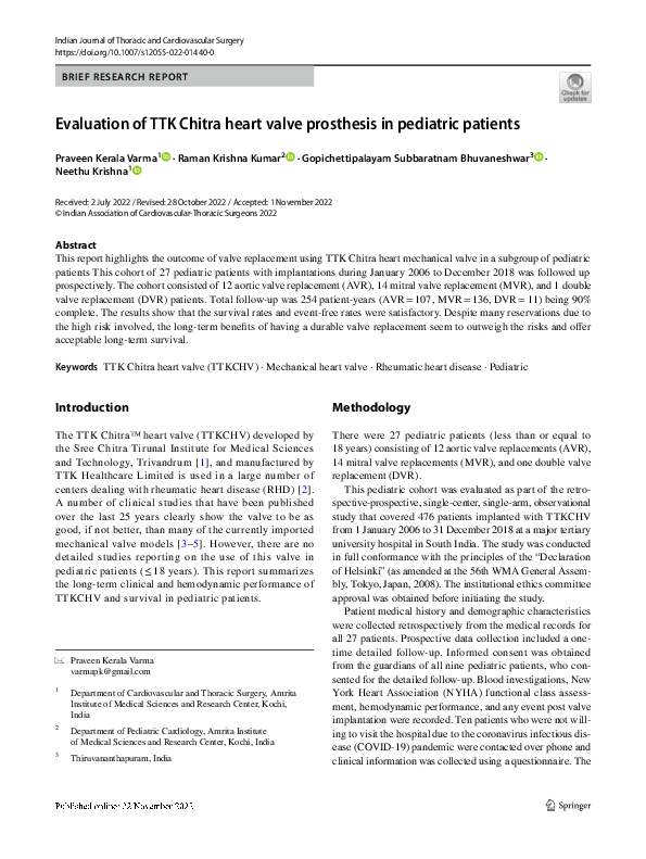 (PDF) Evaluation of TTK Chitra heart valve prosthesis in pediatric patients