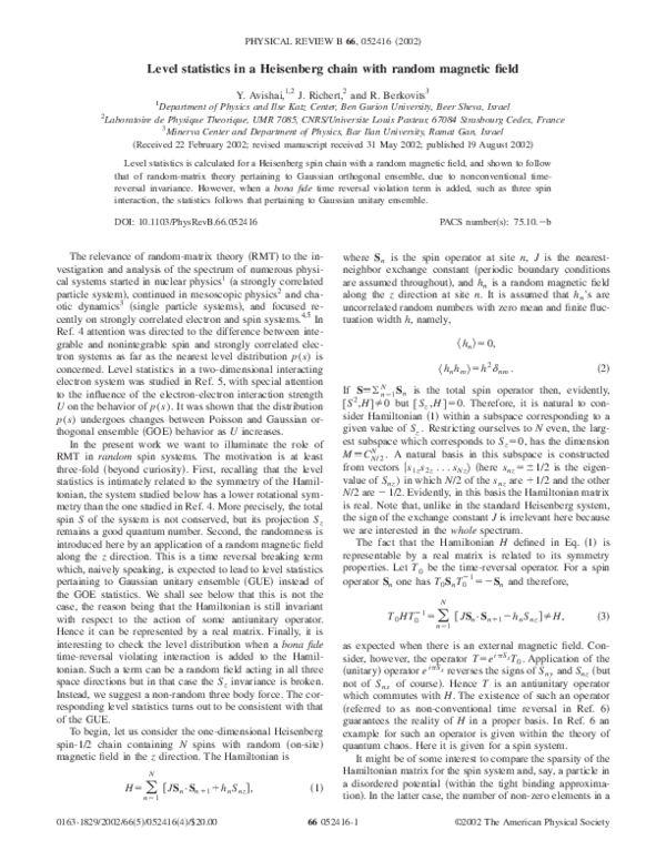 (PDF) Level statistics in a Heisenberg chain with random magnetic field