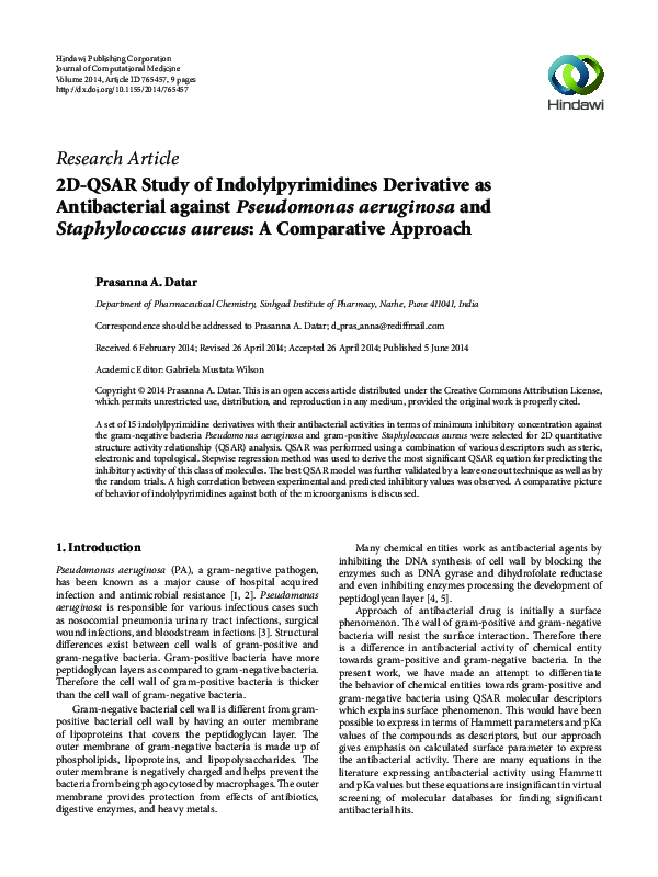 (PDF) 2D-QSAR Study of Indolylpyrimidines Derivative as Antibacterial against Pseudomonas ...