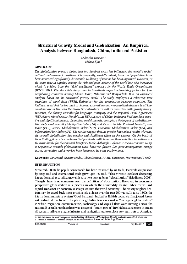 (PDF) Structural Gravity Model and Globalization: An Empirical Analysis between China, India ...