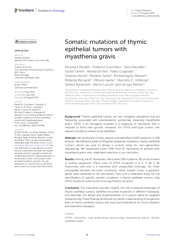 (PDF) Somatic mutations of thymic epithelial tumors with myasthenia gravis