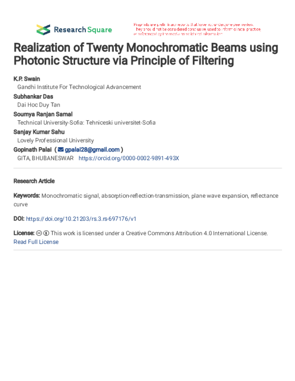 (PDF) Realization of Twenty Monochromatic Beams using Photonic Structure via Principle of Filtering
