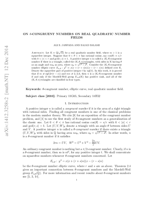(PDF) On θ-congruent numbers on real quadratic number fields