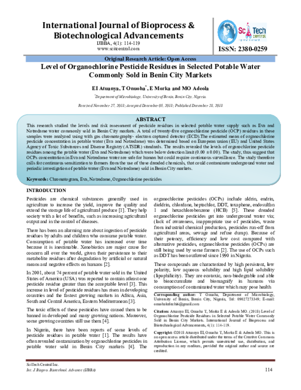 (PDF) Level of Organochlorine Pesticide Residues in Selected Potable Water Commonly Sold in ...