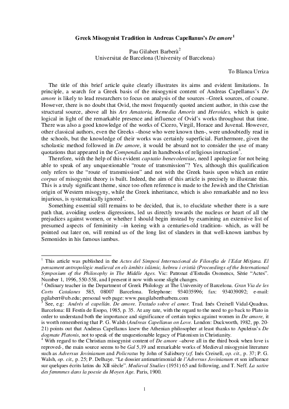 (PDF) Greek misogynist tradition in Andreas Capellanus's De amore