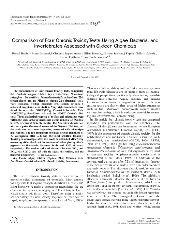 (PDF) Comparison of Four Chronic Toxicity Tests Using Algae, Bacteria ...