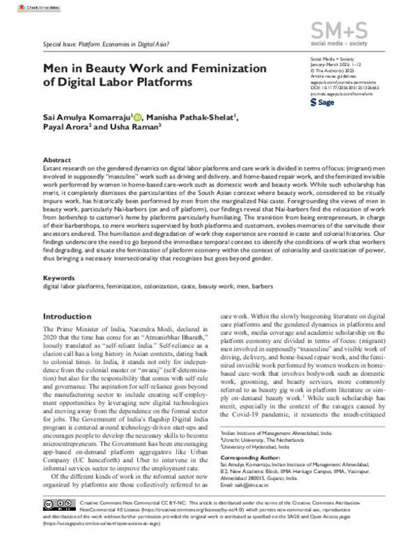 (PDF) Men in Beauty Work and Feminization of Digital Labor Platforms