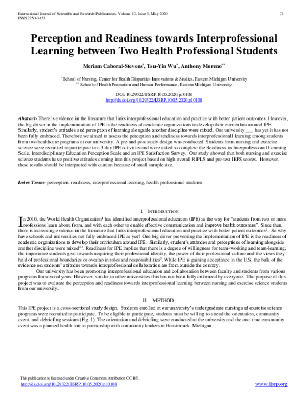 (PDF) Perception and Readiness towards Interprofessional Learning ...