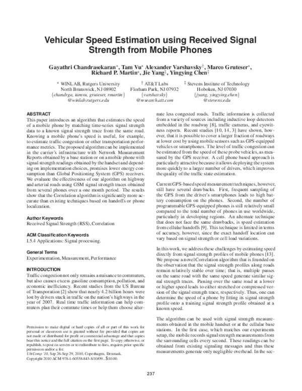 (PDF) Vehicular speed estimation using received signal strength from ...