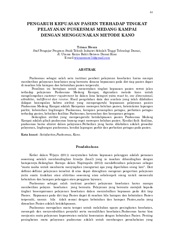 (PDF) Pengaruh Kepuasan Pasien Terhadap Tingkat Pelayanan Puskesmas ...