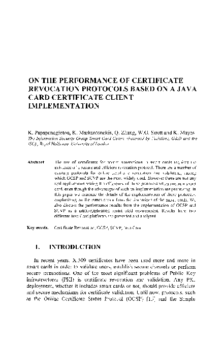 Pdf On The Performance Of Certificate Revocation Protocols Based On A Java Card Certificate