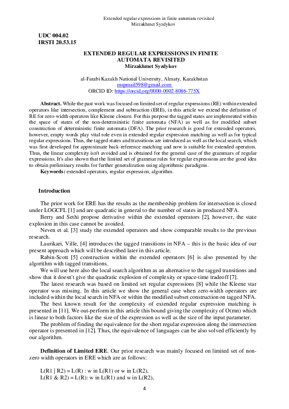Pdf Extended Regular Expressions In Finite Automata Revisited