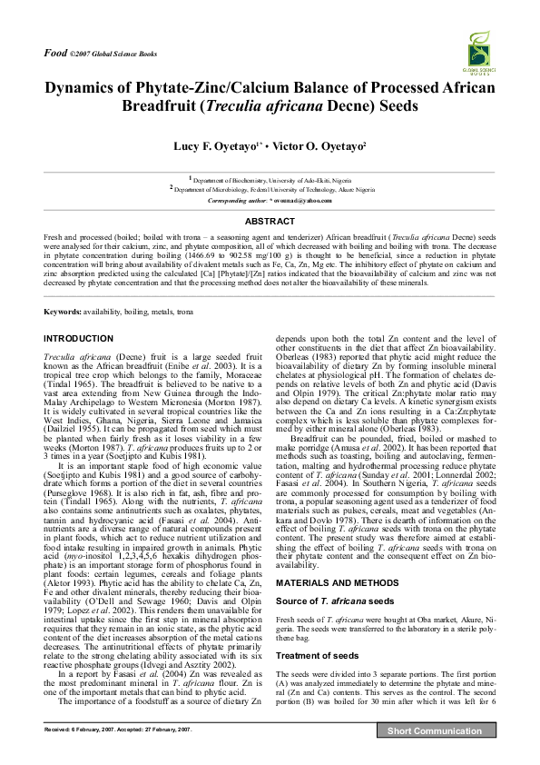 (PDF) Dynamics of Phytate-Zinc/Calcium Balance of Processed African ...