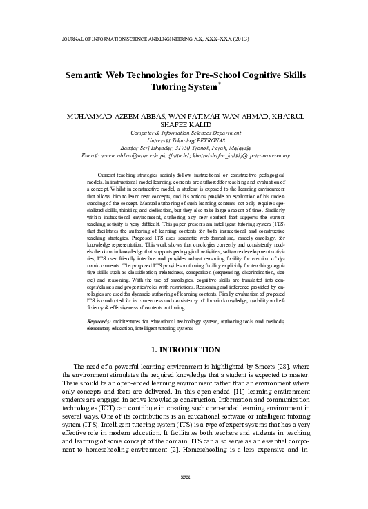 (PDF) Semantic Web Technologies for Pre-School Cognitive Skills Tutoring System