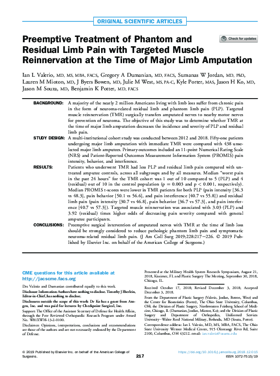 (PDF) Preemptive Treatment of Phantom and Residual Limb Pain with Targeted Muscle Reinnervation ...