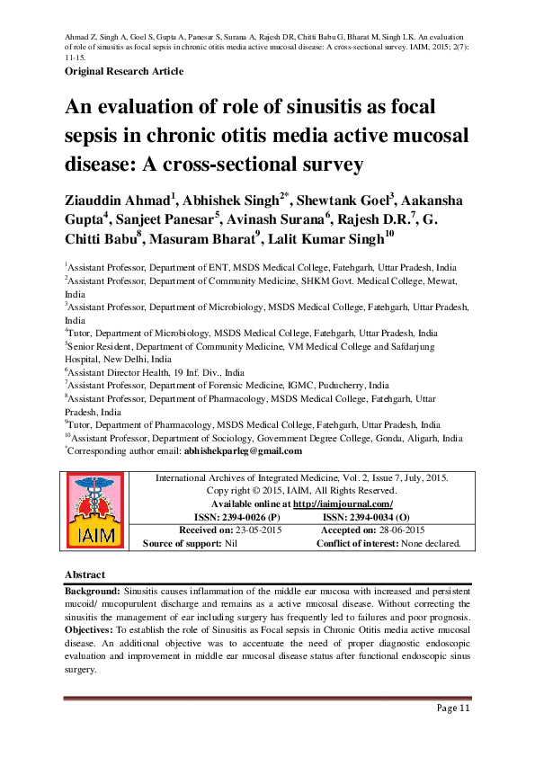 (PDF) An evaluation of role of sinusitis as focal sepsis in chronic ...