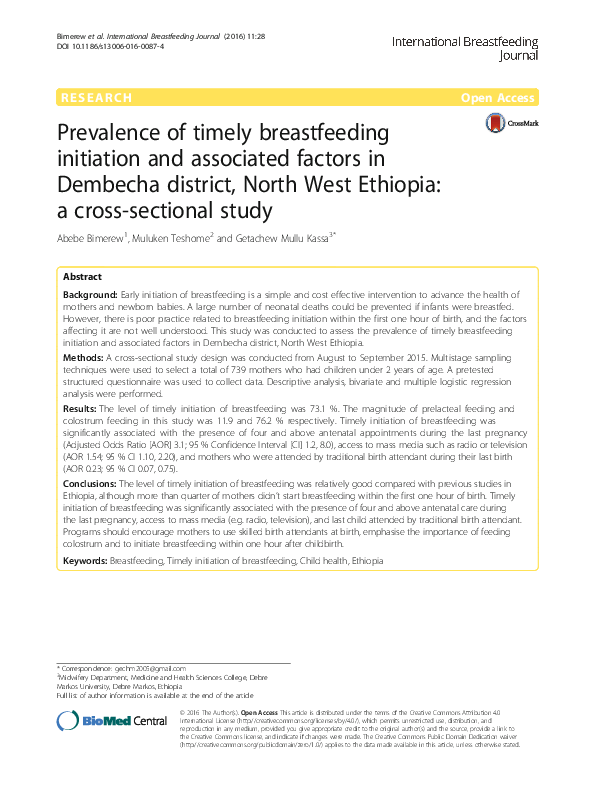 (PDF) Prevalence of timely breastfeeding initiation and associated ...