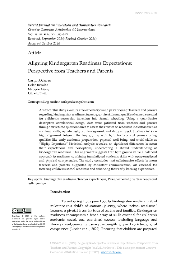 (PDF) Aligning Kindergarten Readiness Expectations: Perspective from ...