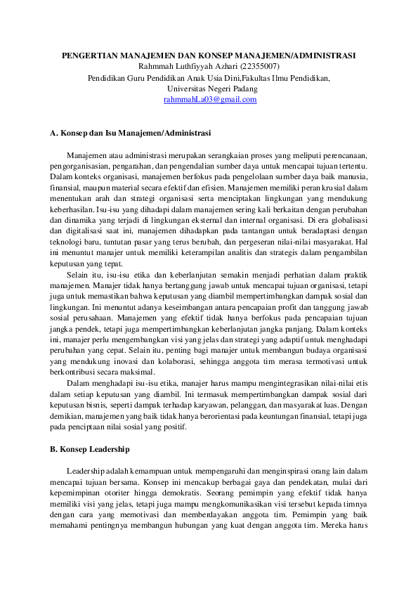 (PDF) PENGERTIAN MANAJEMEN DAN KONSEP MANAJEMEN/ADMINISTRASI Rahmmah Luthfiyyah Azhari (22355007