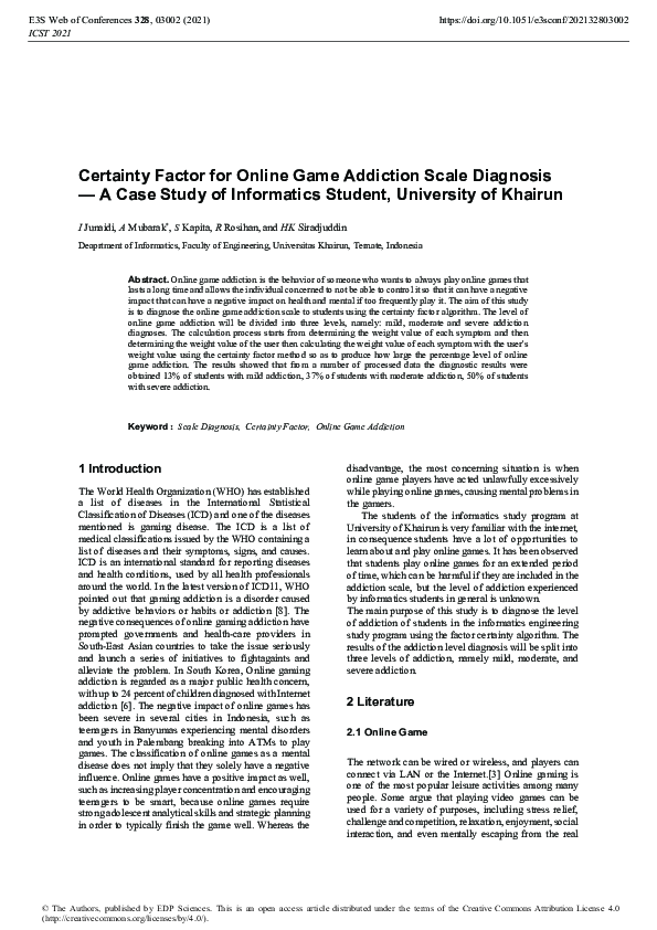 (PDF) Certainty Factor for Online Game Addiction Scale Diagnosis — A ...
