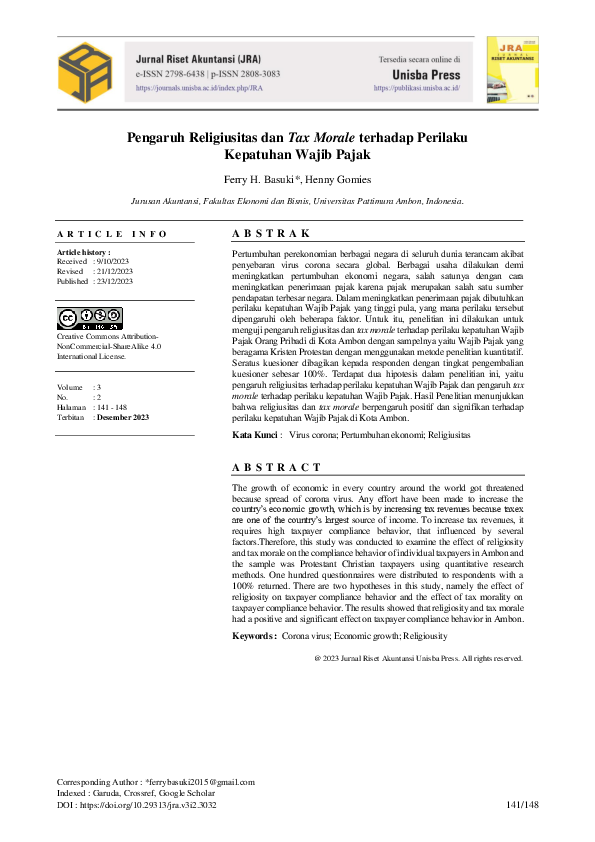 (PDF) Pengaruh Religiusitas dan Tax Morale terhadap Perilaku Kepatuhan ...