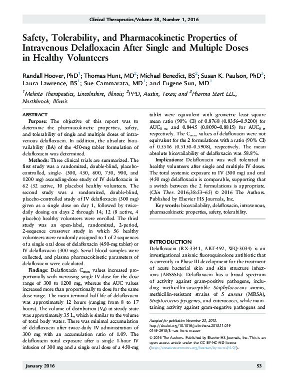 (PDF) Safety, Tolerability, and Pharmacokinetic Properties of Intravenous Delafloxacin After ...