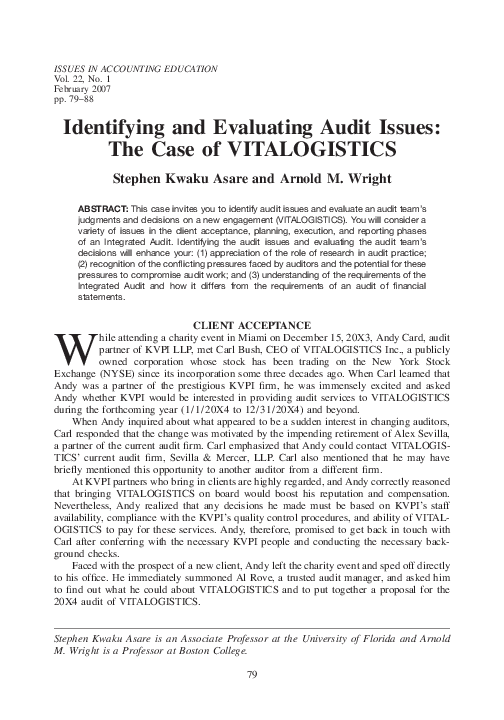 (PDF) Identifying and Evaluating Audit Issues: The Case of VITALOGISTICS