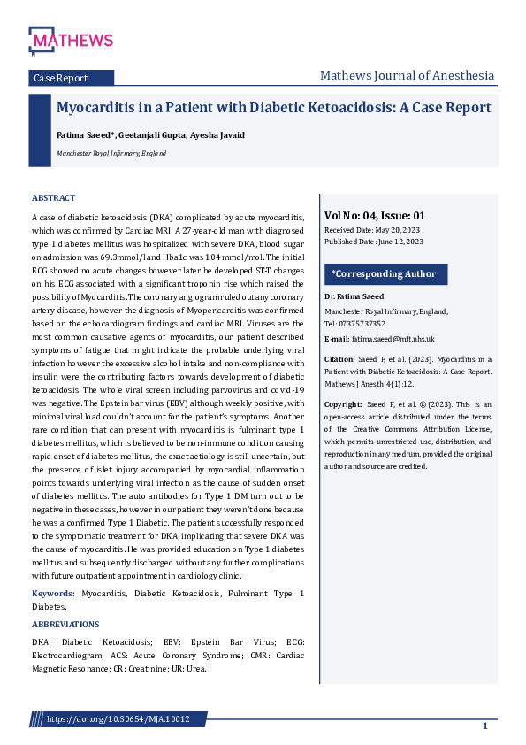 (PDF) Myocarditis in a Patient with Diabetic Ketoacidosis: A Case Report