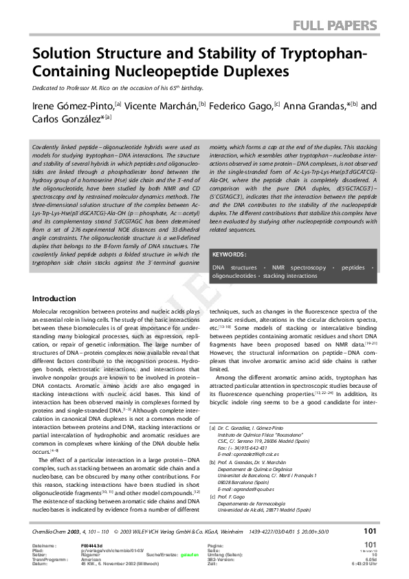 (PDF) Solution Structure and Stability of Tryptophan-Containing Nucleopeptide Duplexes