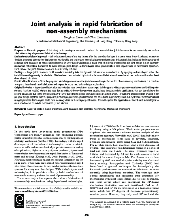 (PDF) Joint analysis in rapid fabrication of non‐assembly mechanisms