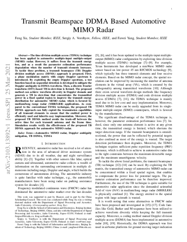 (PDF) Transmit Beamspace DDMA Based Automotive MIMO Radar