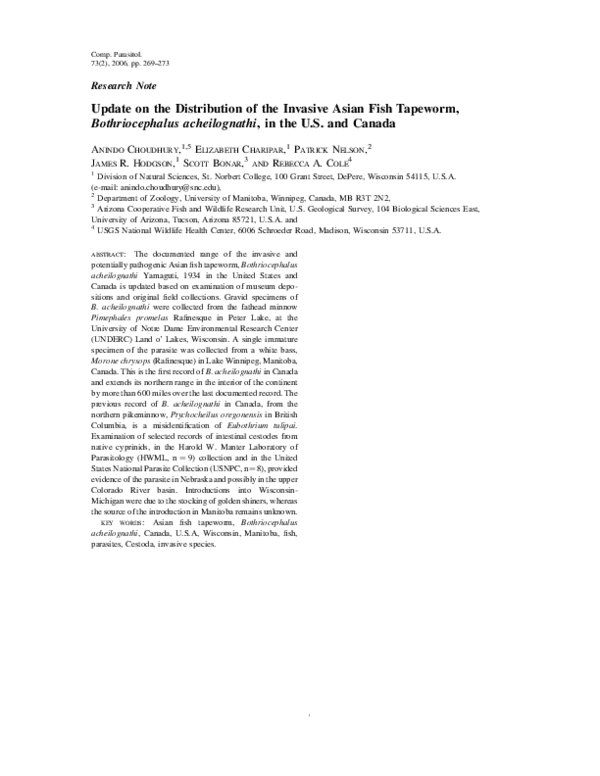 (PDF) Update on the Distribution of the Invasive Asian Fish Tapeworm ...