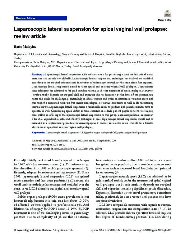 (PDF) Laparoscopic lateral suspension for apical vaginal wall prolapse ...