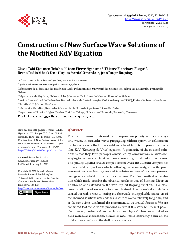 (PDF) Construction of New Surface Wave Solutions of the Modified KdV ...