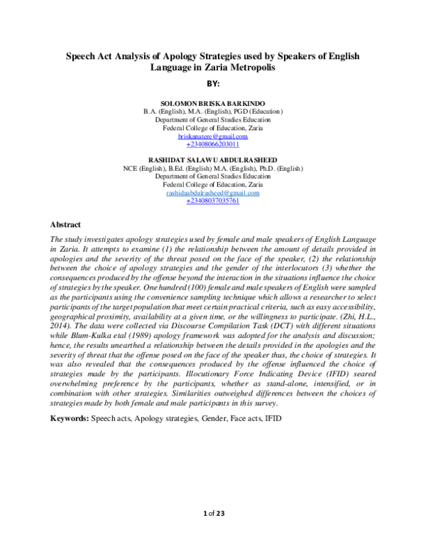 (PDF) Speech Act Analysis of Apology Strategies used by Speakers of ...