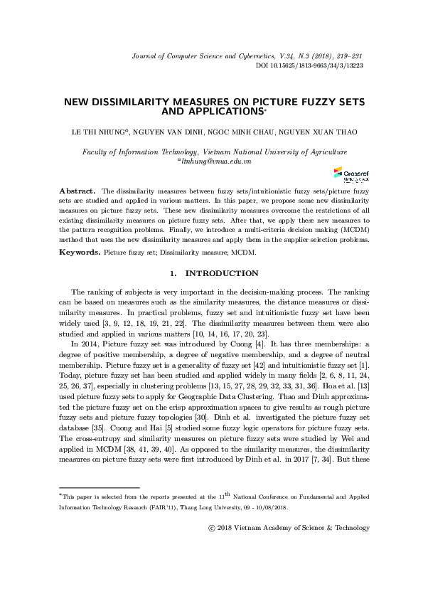 (PDF) New Dissimilarity Measures on Picture Fuzzy Sets and Applications