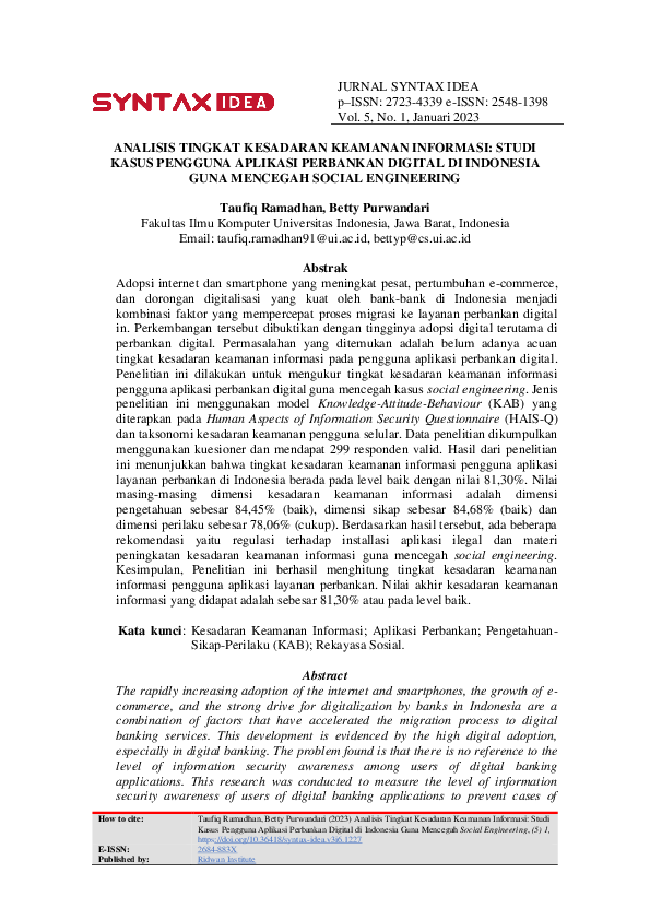 (PDF) Analisis Tingkat Kesadaran Keamanan Informasi: Studi Kasus Pengguna Aplikasi Perbankan ...