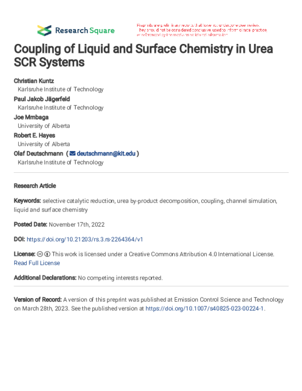 (PDF) Coupling of Liquid and Surface Chemistry in Urea SCR Systems