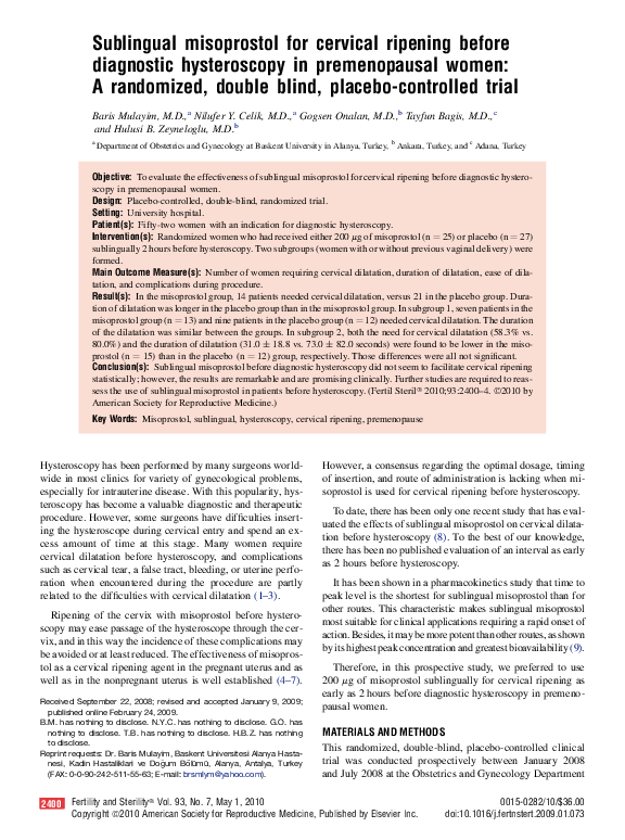 (PDF) Sublingual misoprostol for cervical ripening before diagnostic ...