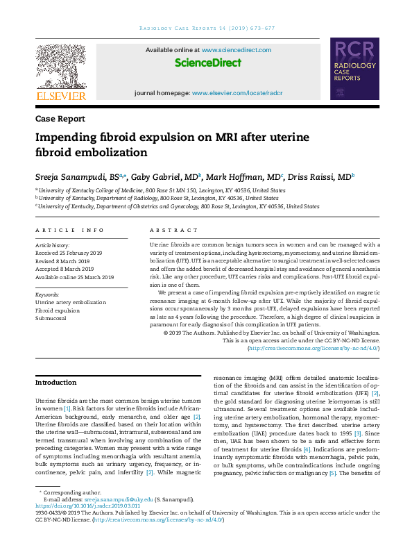 (PDF) Impending fibroid expulsion on MRI after uterine fibroid embolization