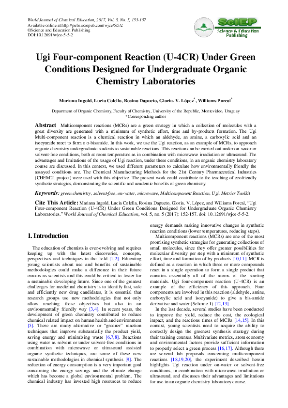(PDF) Ugi Four-component Reaction (U-4CR) Under Green Conditions Designed for Undergraduate ...