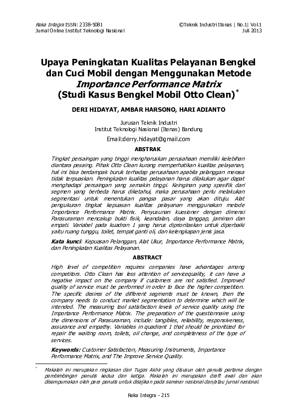 (PDF) Upaya Peningkatan Kualitas Pelayanan Bengkel dan Cuci Mobil dengan Menggunakan Metode ...
