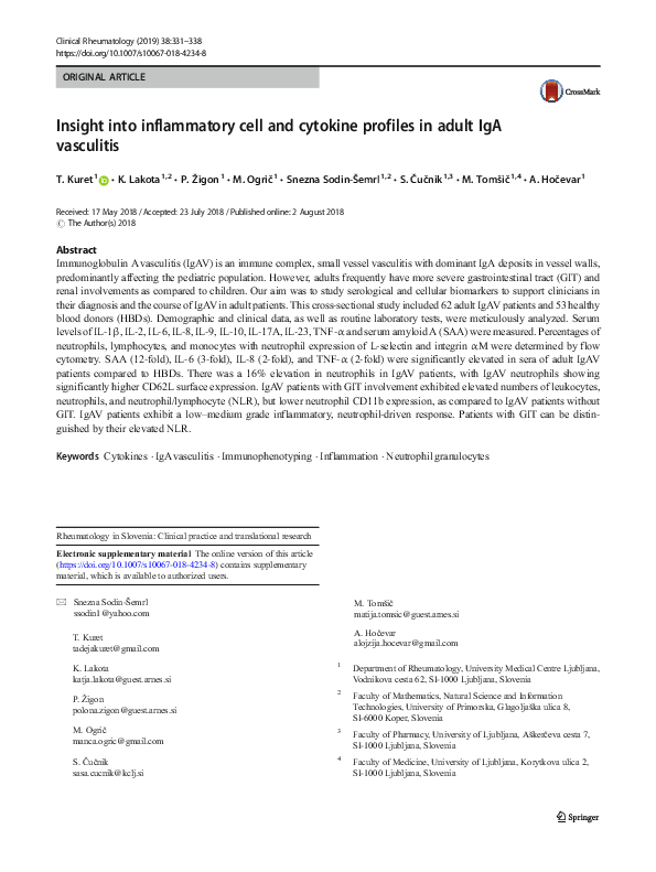 (PDF) Insight into inflammatory cell and cytokine profiles in adult IgA vasculitis