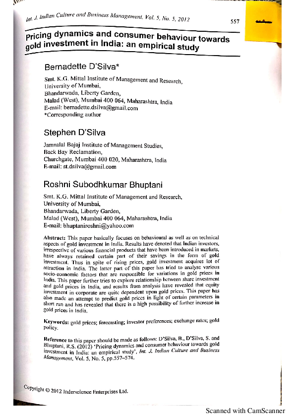 (PDF) Consumer behaviour towards gold investment in India